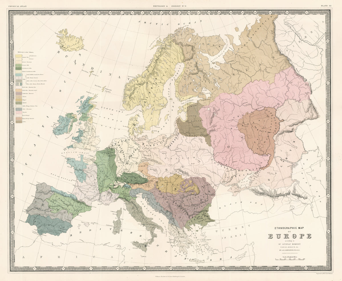 Antique Ethnographic Map of Europe by: Dr. Kombst and Johnston, 1856 ...