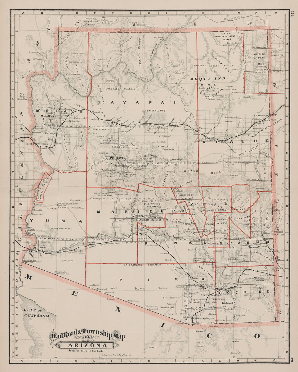 Antique Railroad and Township Map of Arizona by: George F. Cram, 1886 ...