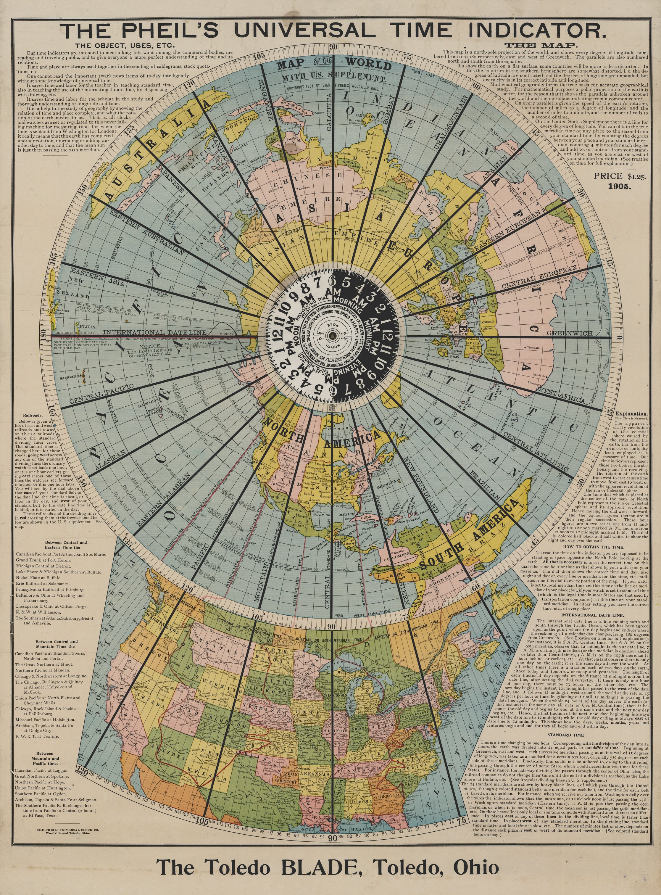 Antique Map: Pheil's Universal Time Indicator by: Isaac Pheil, 1906 ...