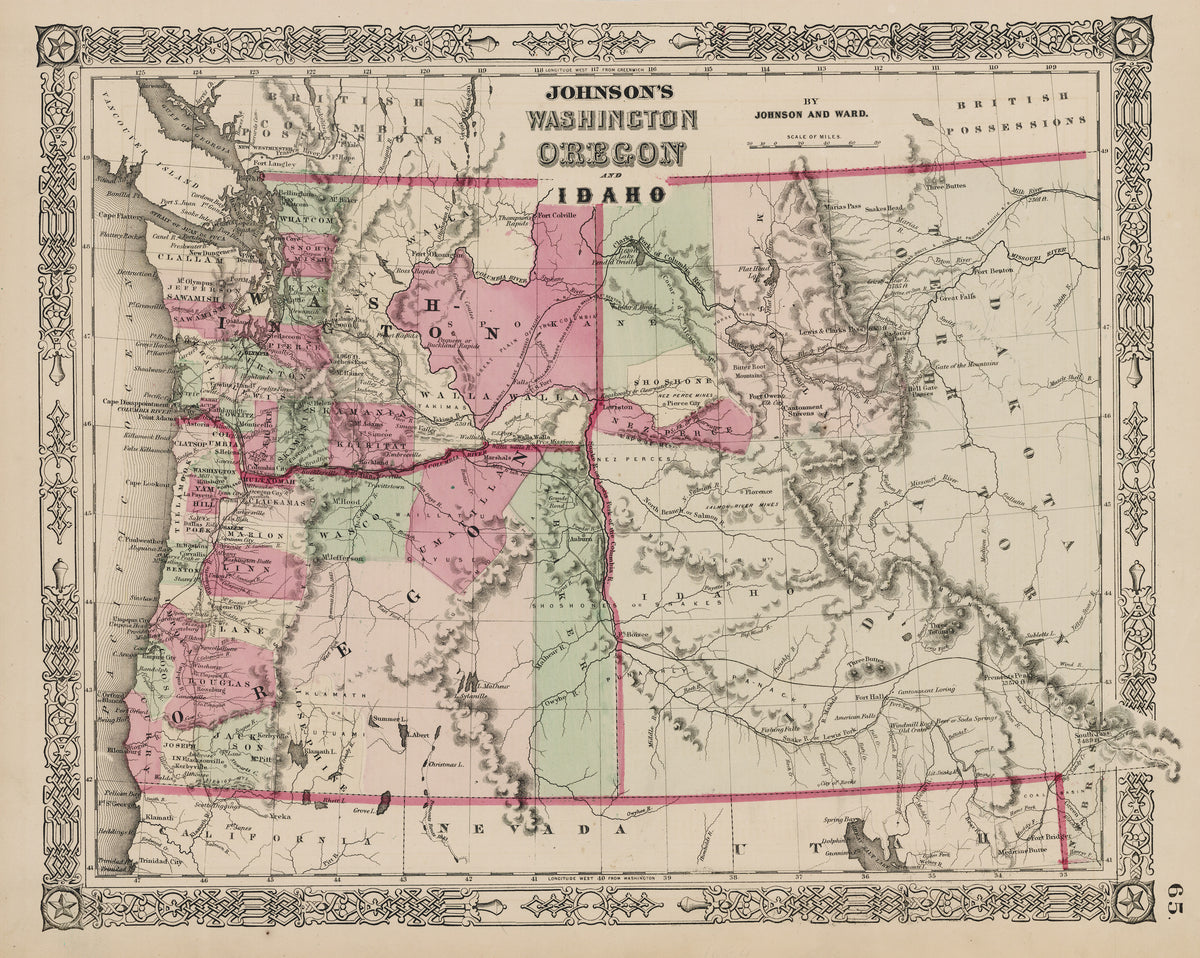 Antique Map: Johnson's Washington, Oregon, and Idaho 1863 – New World ...