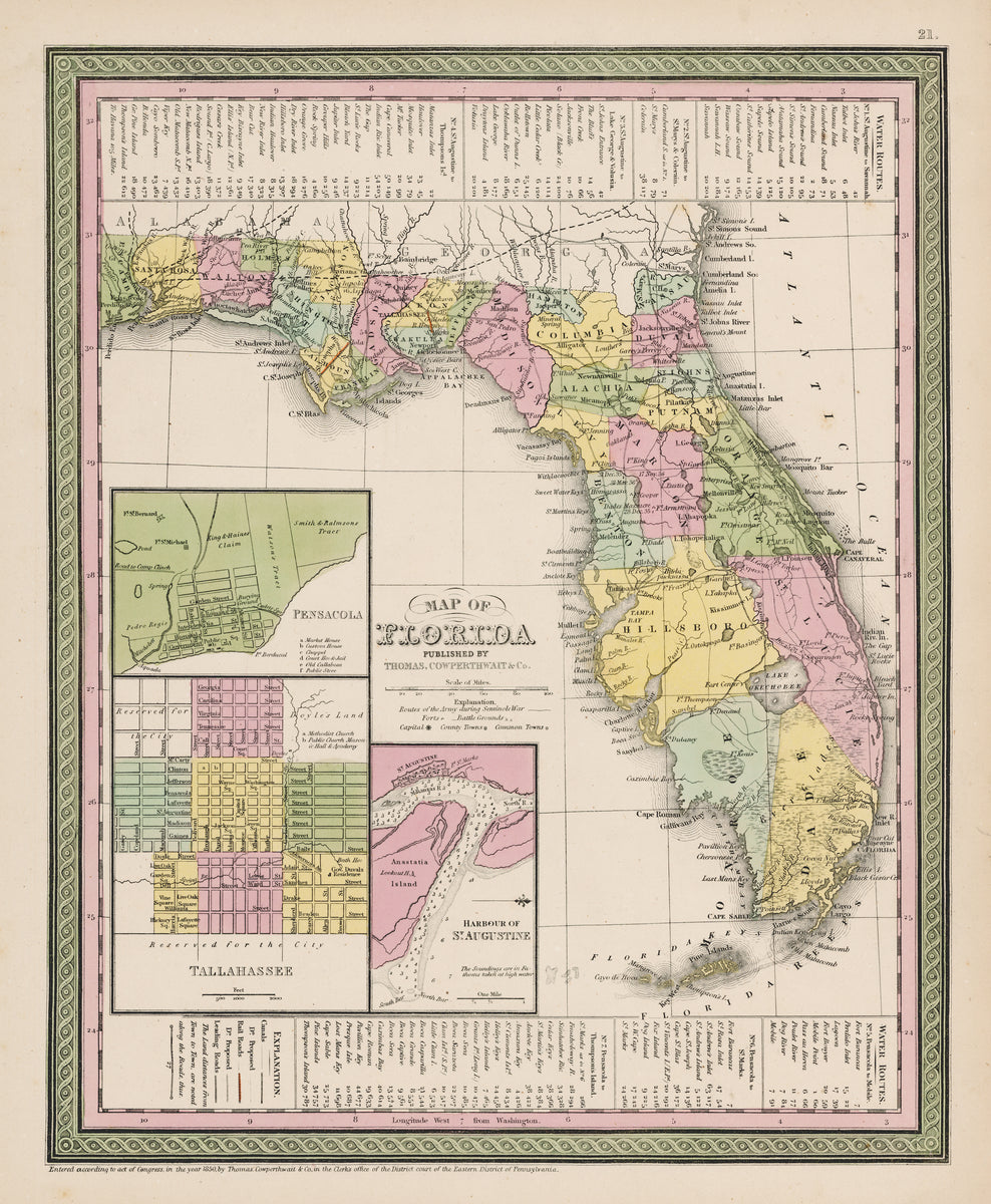Antique Map of Florida by: Mitchell / Cowperthwait, 1850 – New World ...
