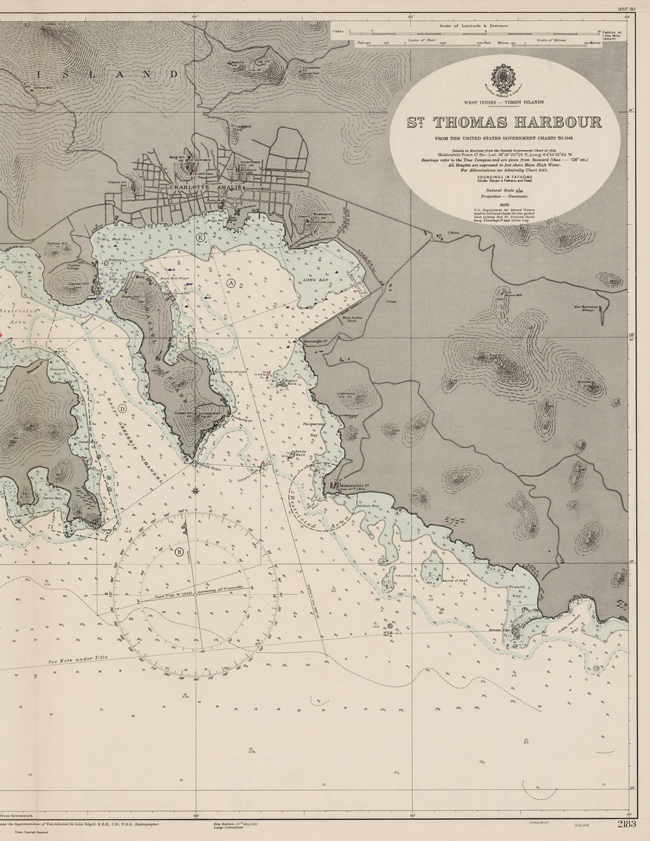 Antique Nautical Chart St. Thomas Harbour, Virgin Islands, West Indies ...