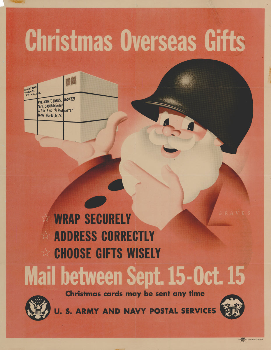 Christmas Overseas Gifts - WWII Poster w/ Santa Claus by Graves 1945 ...
