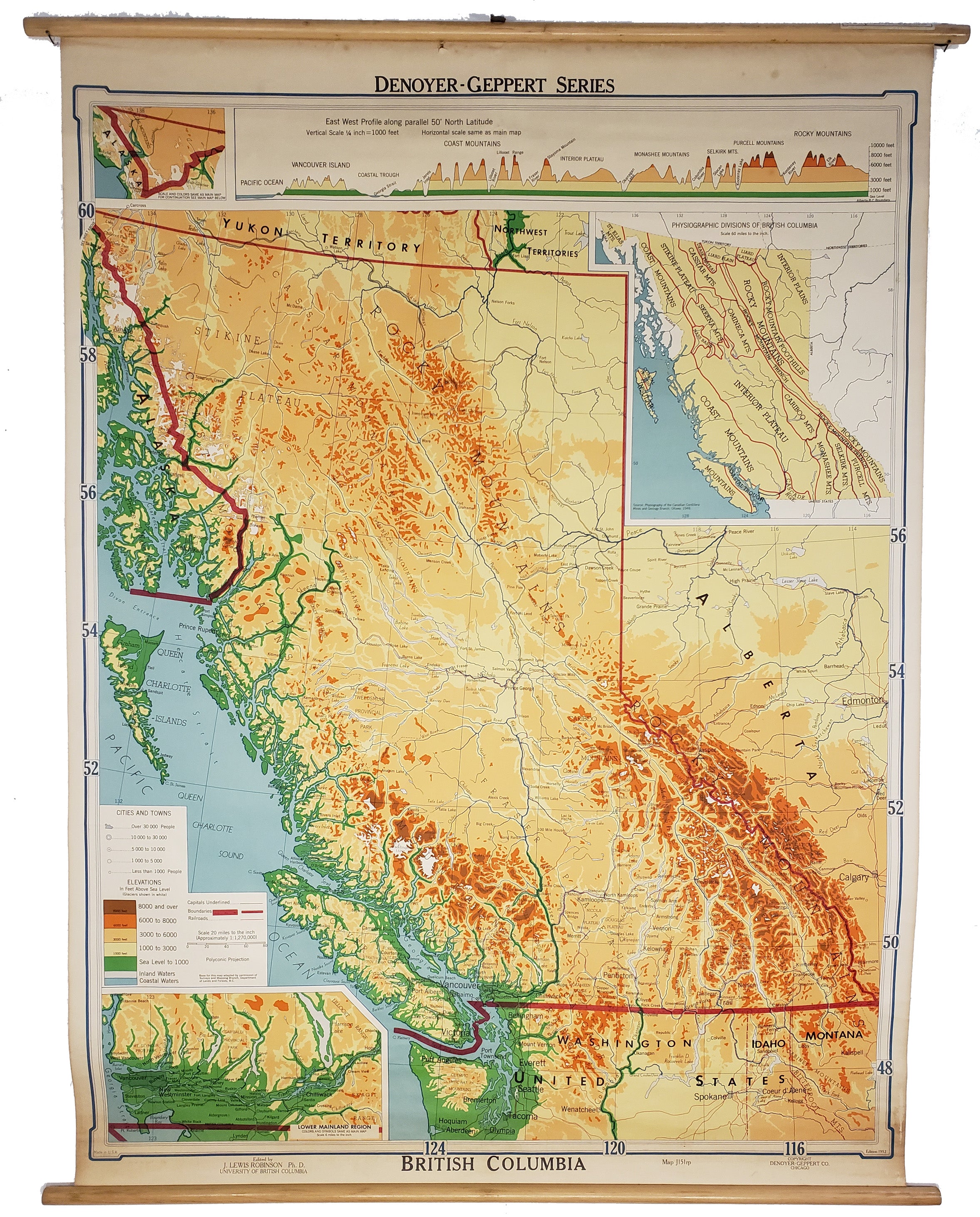 British Columbia [Topographical Wall Map] By: Denoyer-Geppert, 1952 ...