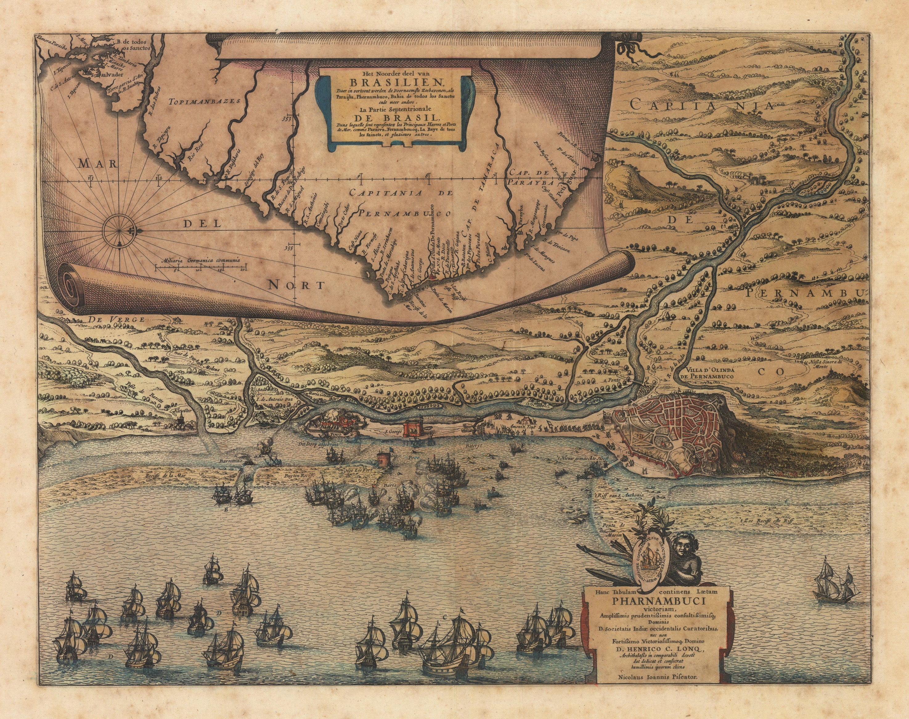 1630 Map depicting a battle in 1630 between the Dutch and Portuguese ...