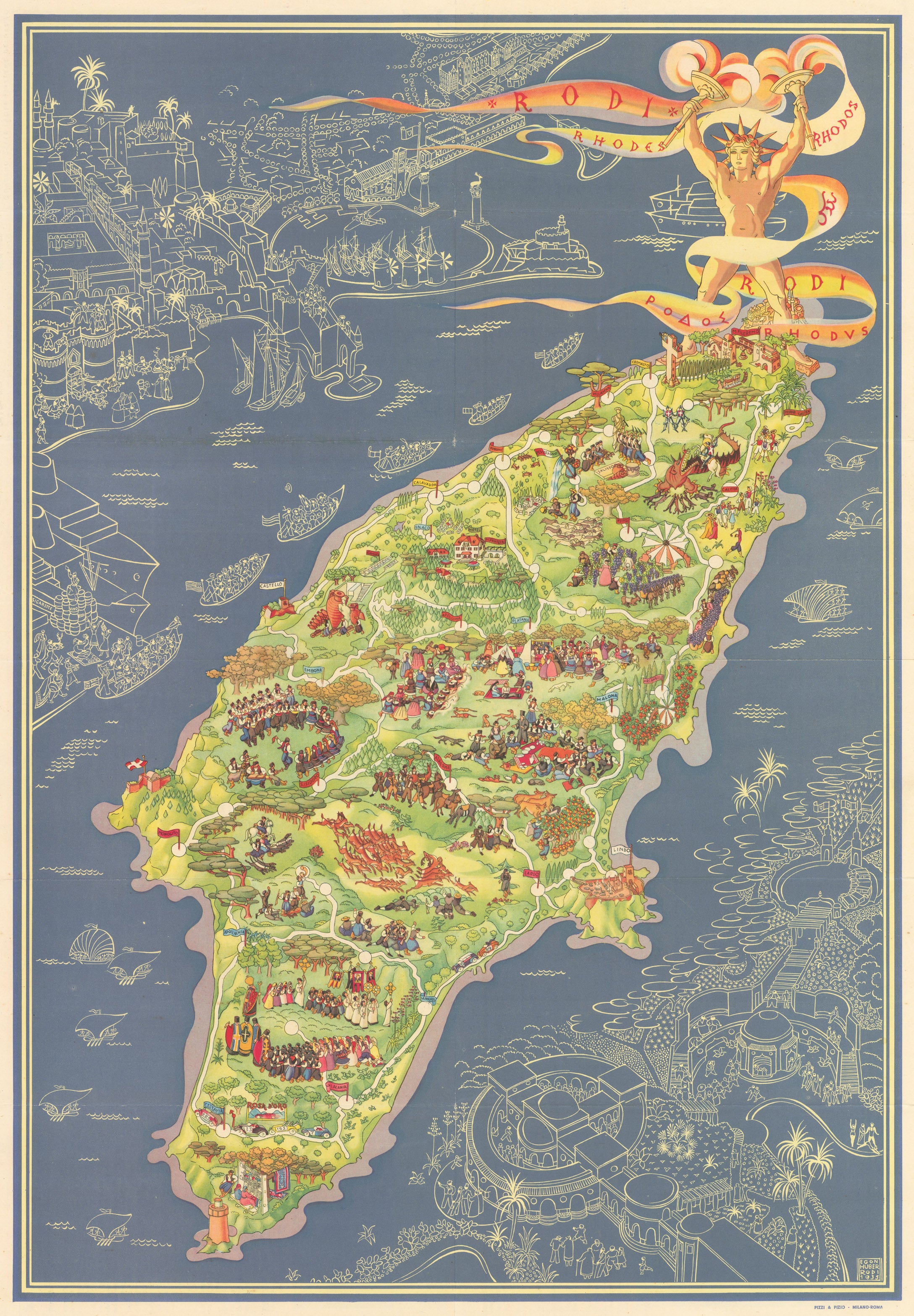 Vintage Pictorial Travel Map of Rhodes by: Egon Huber 1935 – New World ...