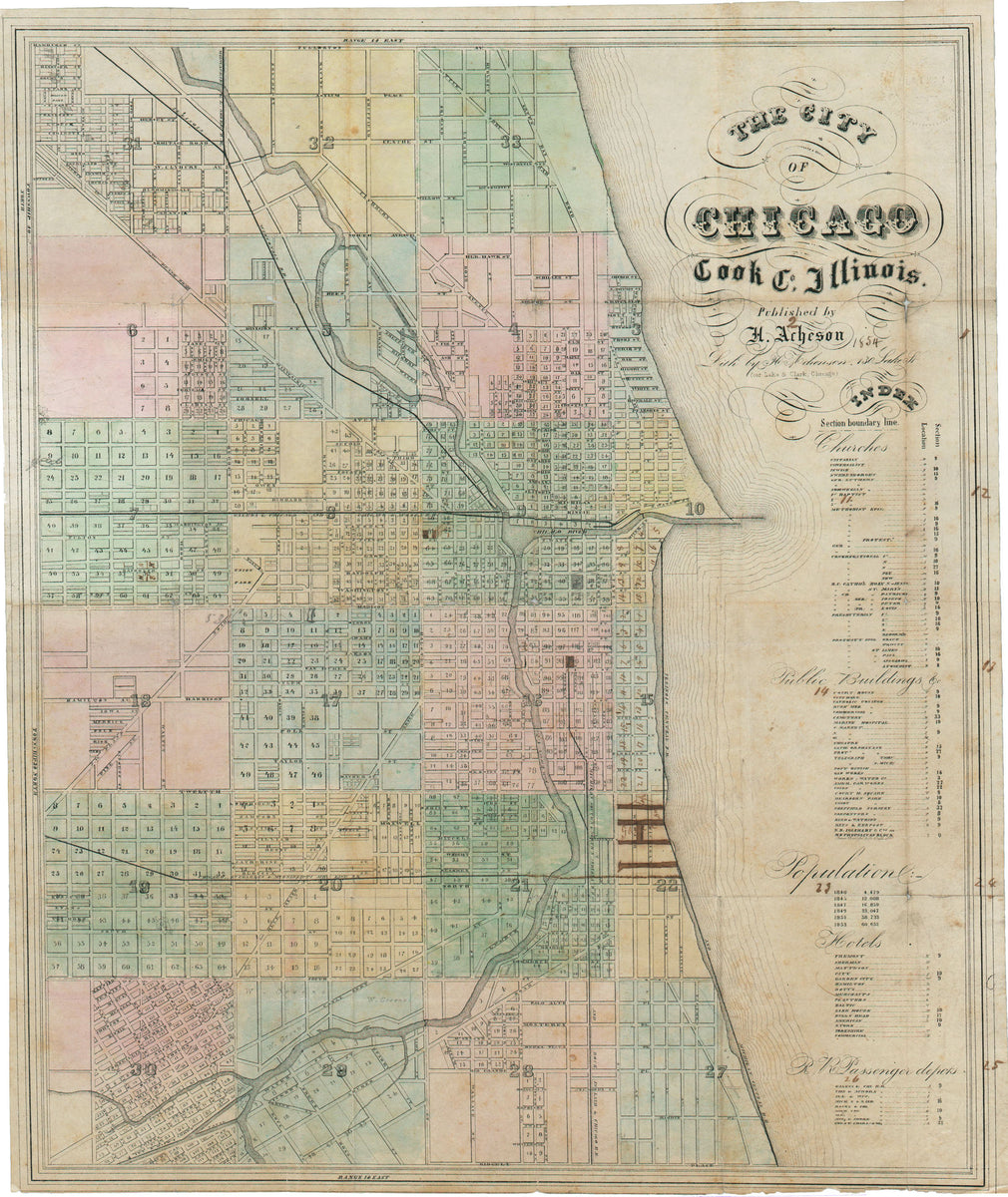 Antique Map: The City of Chicago, Cook Co. Illinois. by: Acheson, 1854 ...