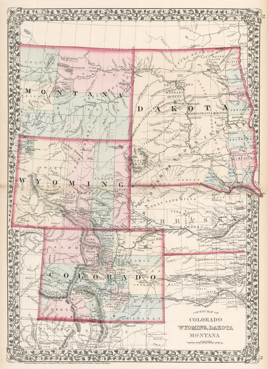 Antique Map of Colorado, Wyoming, Dakota, Montana by Mitchell, 1875 ...
