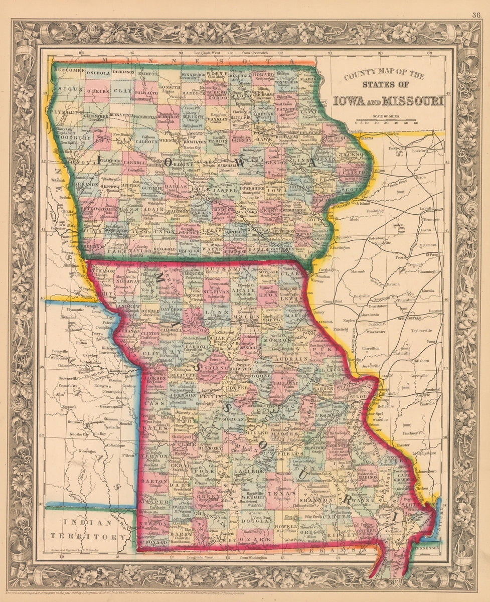 County Map of Iowa and Missouri, by: Mitchell, 1860 – New World ...
