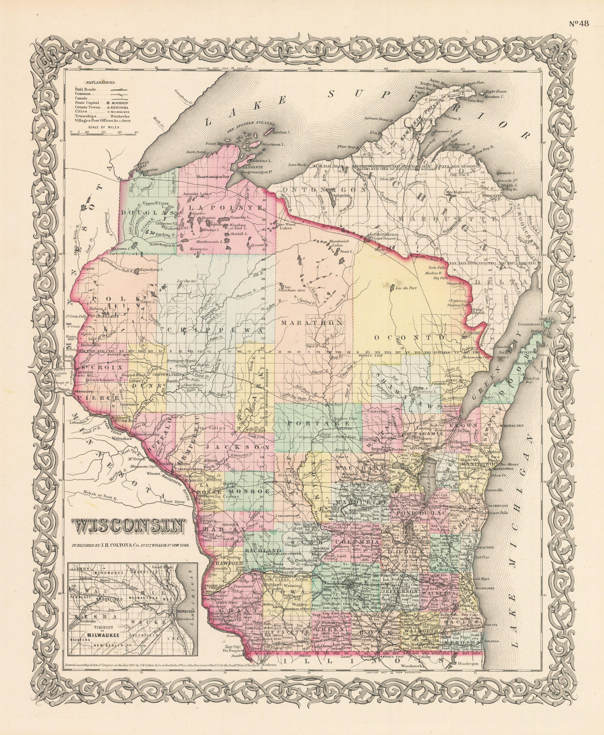 Antique Map of Wisconsin by: Joseph H. Colton, 1856 – New World ...