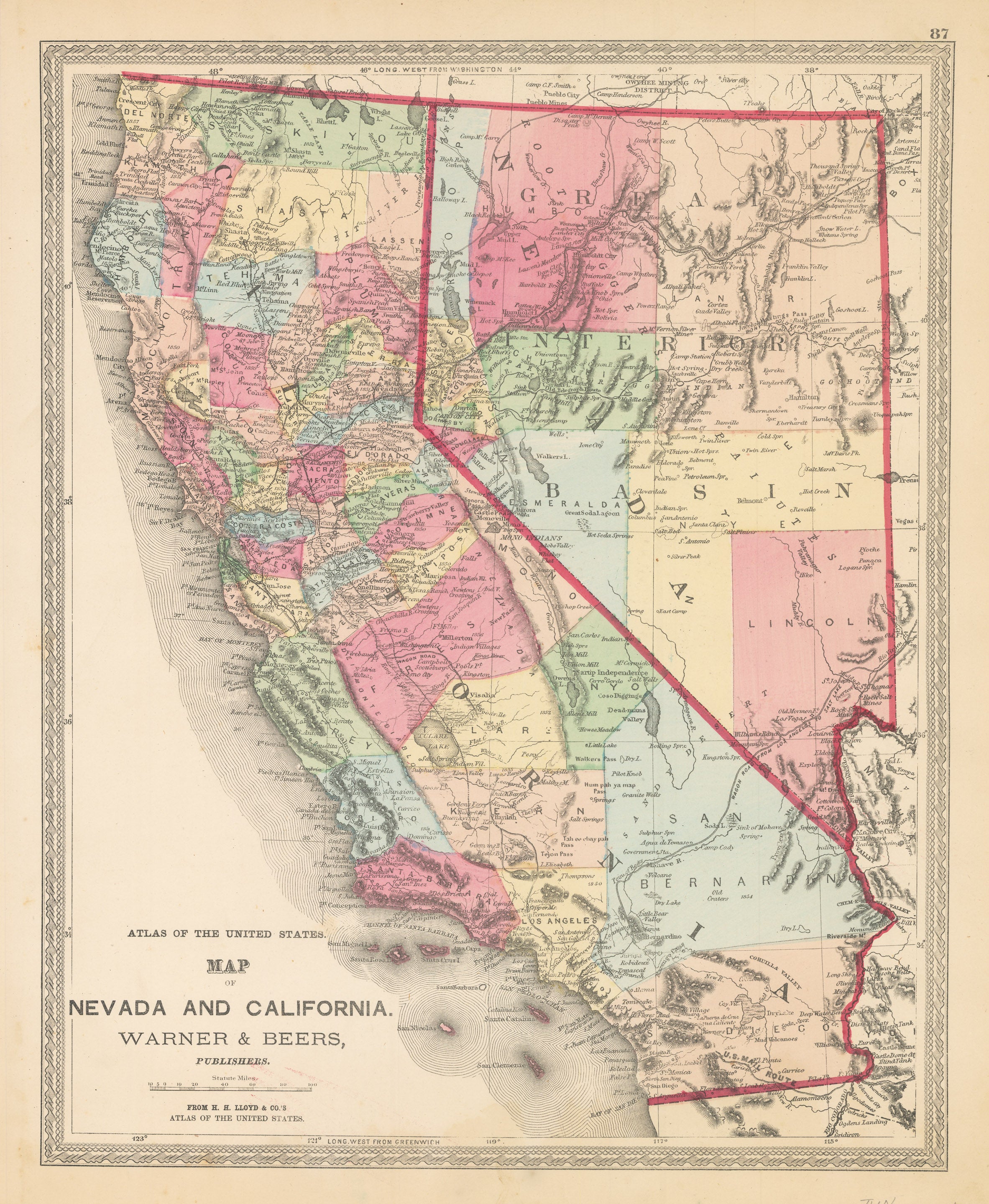 Antique Map of Nevada and California by: Warner & Beers, 1872 – New ...