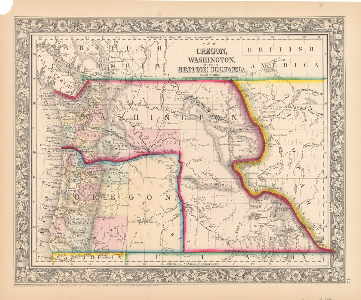 Antique Map of Oregon, Washington, and part of British Columbia. 1860 ...