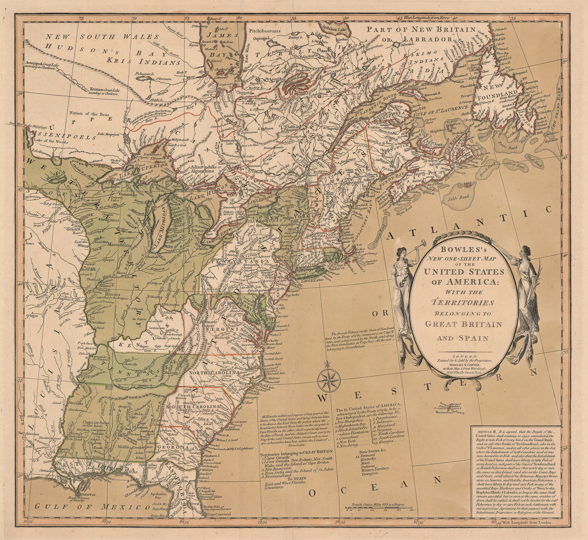 1795 Bowles’s New One-Sheet Map of the United States of America: with ...