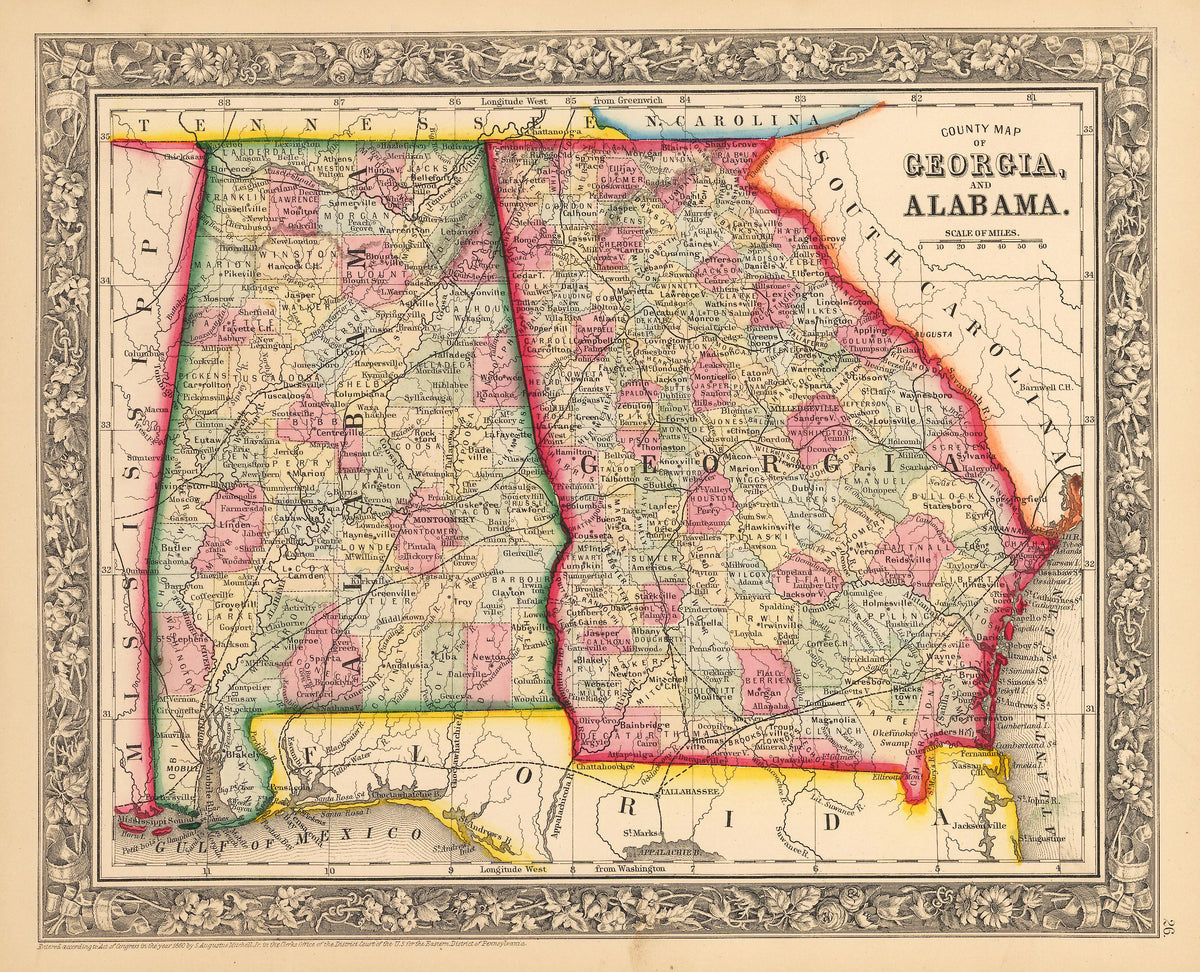 Antique Map of Alabama and Georgia by: Mitchell 1862 : nwcartographic ...