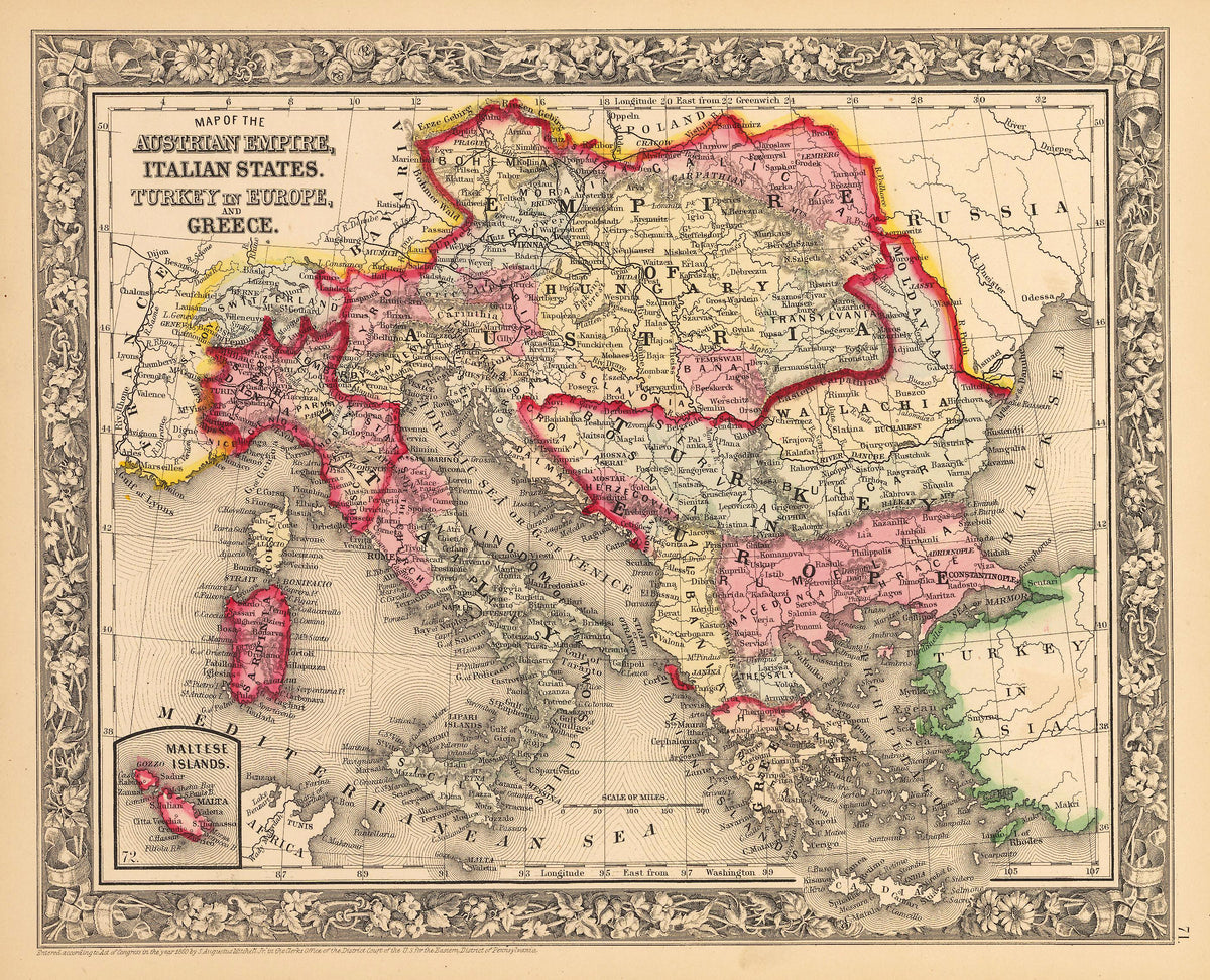 Antique Map of Austria, Italy, Greece, Turkey 1862 : nwcartographic.com ...