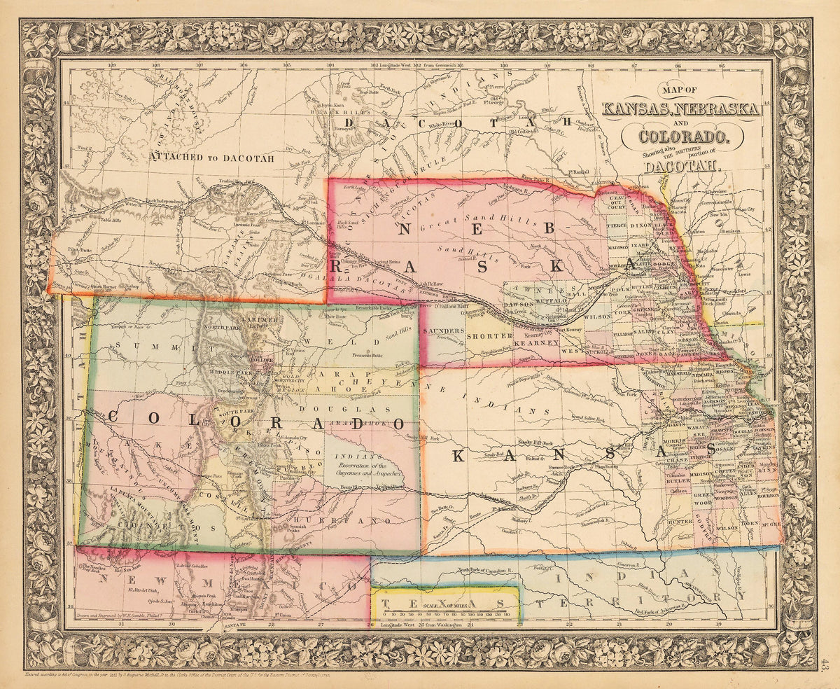 Antique Map of Kansas, Nebraska,and Colorado Mitchell 1862 ...