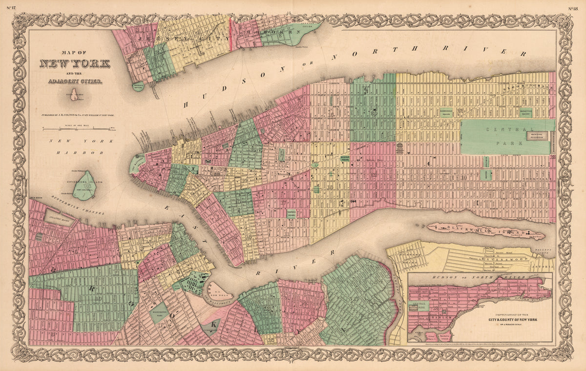 Map of New York and the Adjacent Cities by: Colton 1855 ...